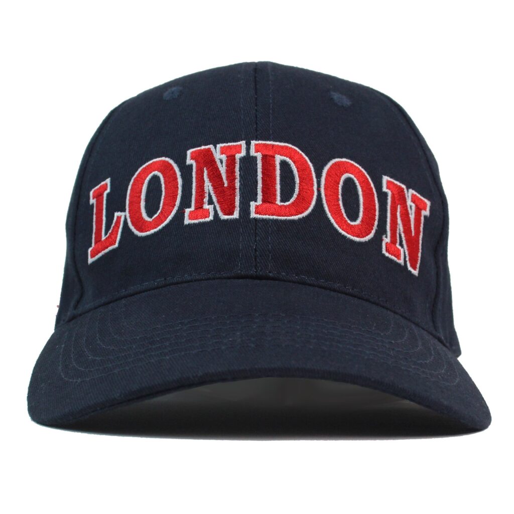 London Block Red Text Cap, Navy - The Gift Wholesaler